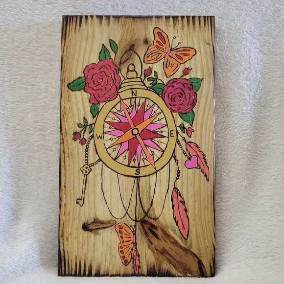 Wall Decor | Compass Rose Feathers Hand Painted Pyrography Wall Art ...